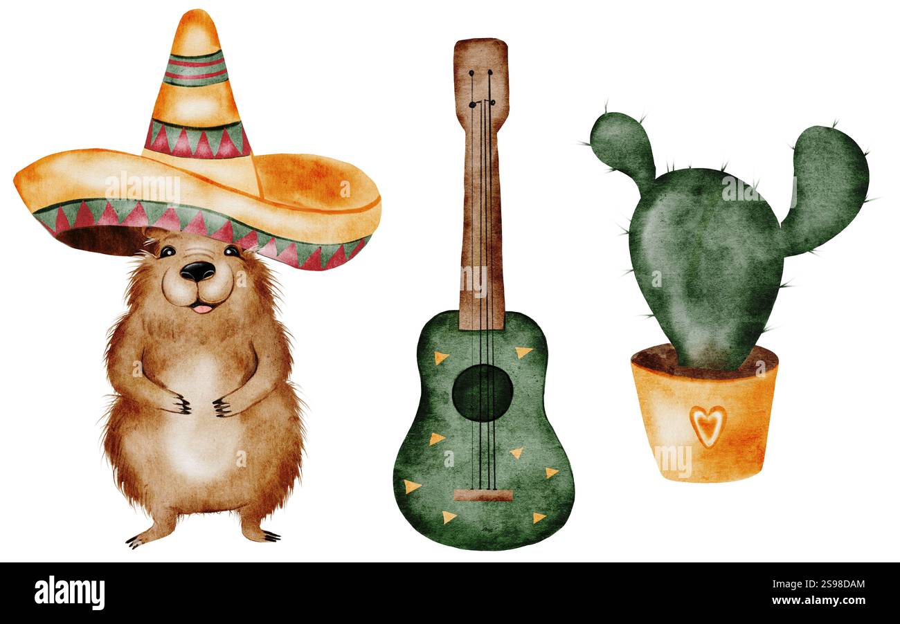 Capybara cartoon watercolor. Funny animal set i a Mexican sombrero hat ...