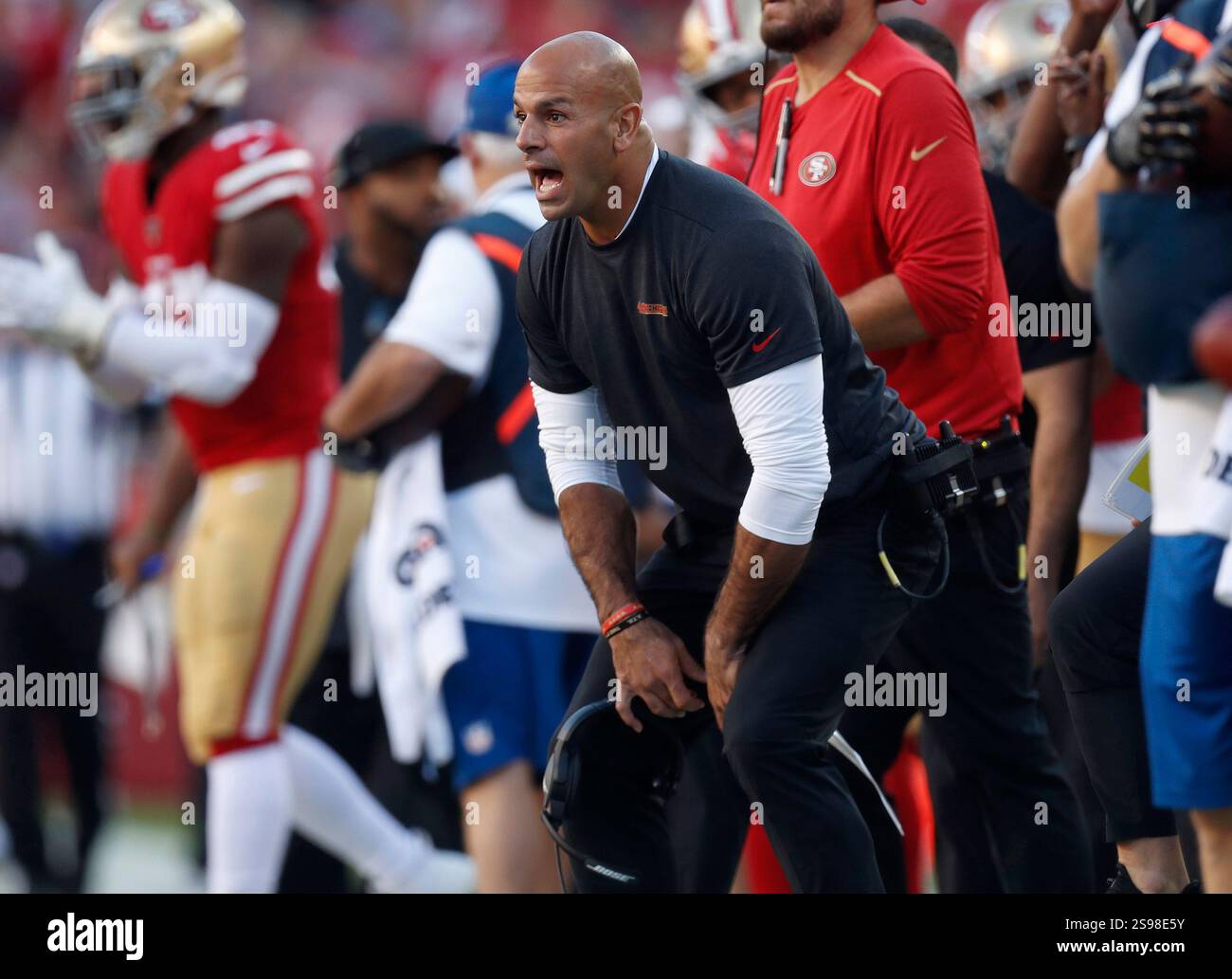 San Francisco 49ers defensive coordinator Robert Saleh reacts to a play ...