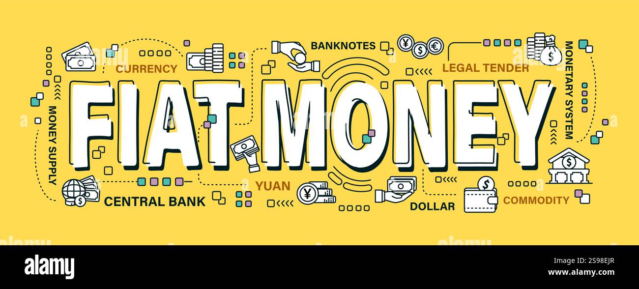 Fiat money . Word and outline icon on solid color background ...