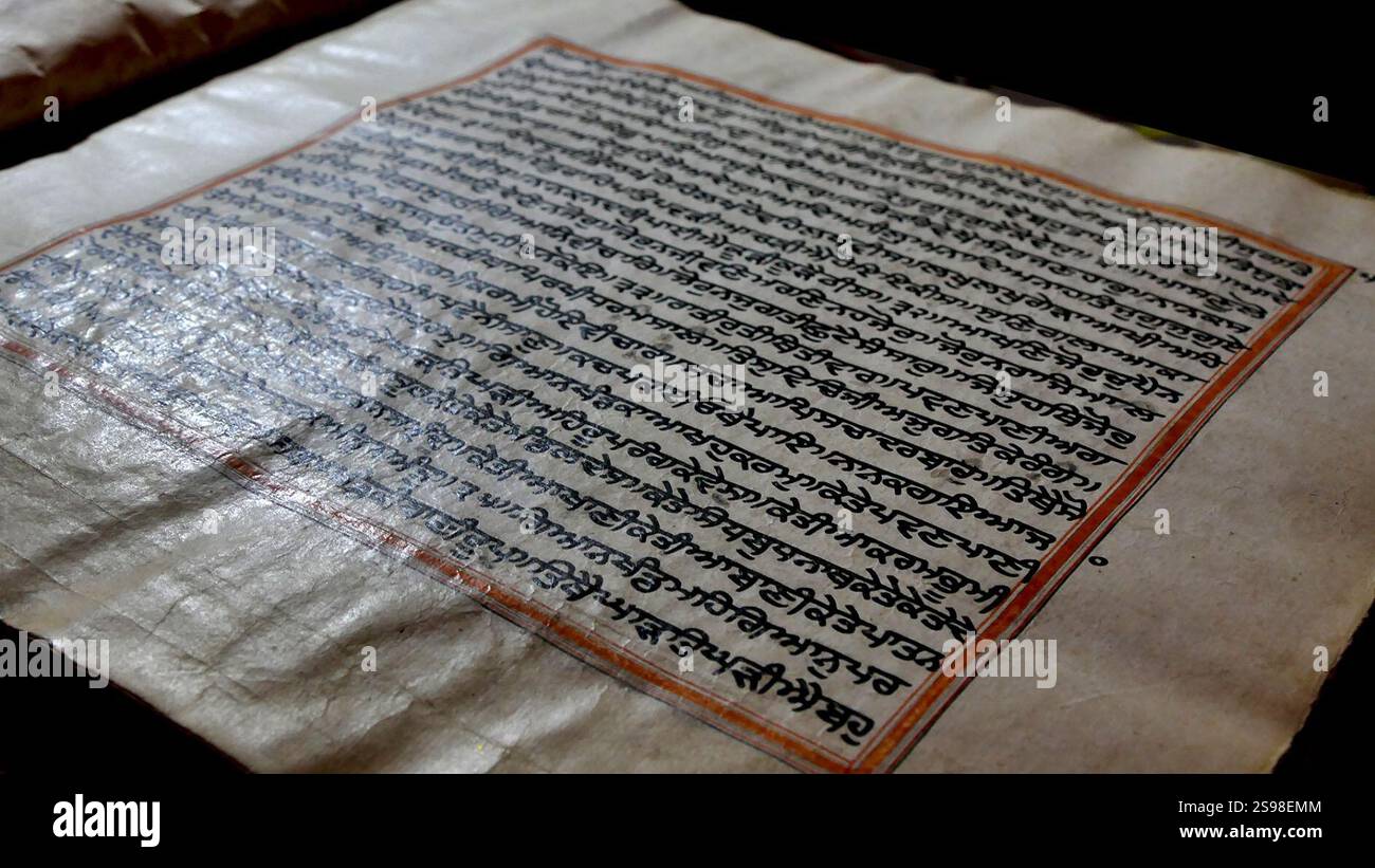 Handwritten Guru Granth Sahib manuscript kept at Gurdwara Mattan Sahib ...