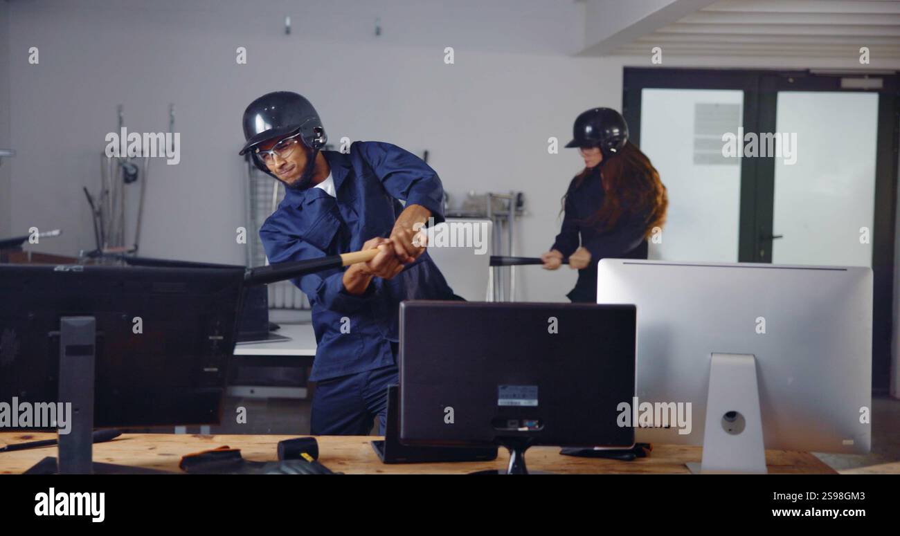 Demolition, weapon and friends in rage room for frustrated, anger ...