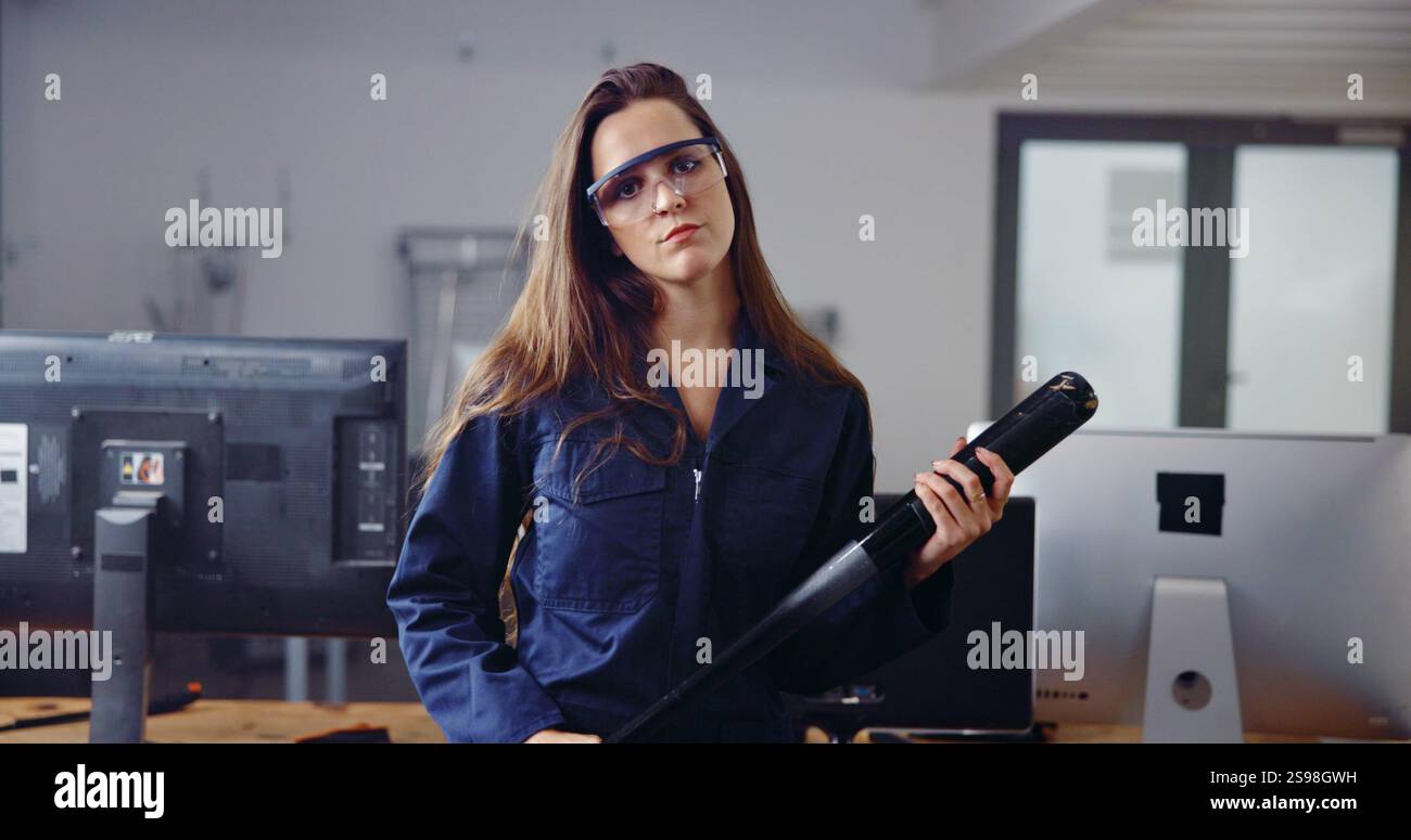 Portrait, baseball bat and woman in rage room for frustrated, anger ...