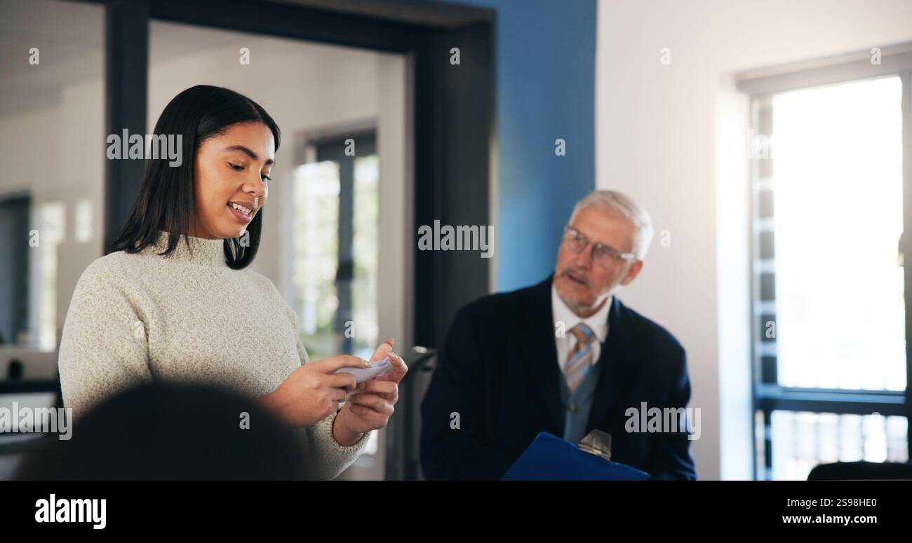Girl, student and presentation with notes for learning, moderation or ...