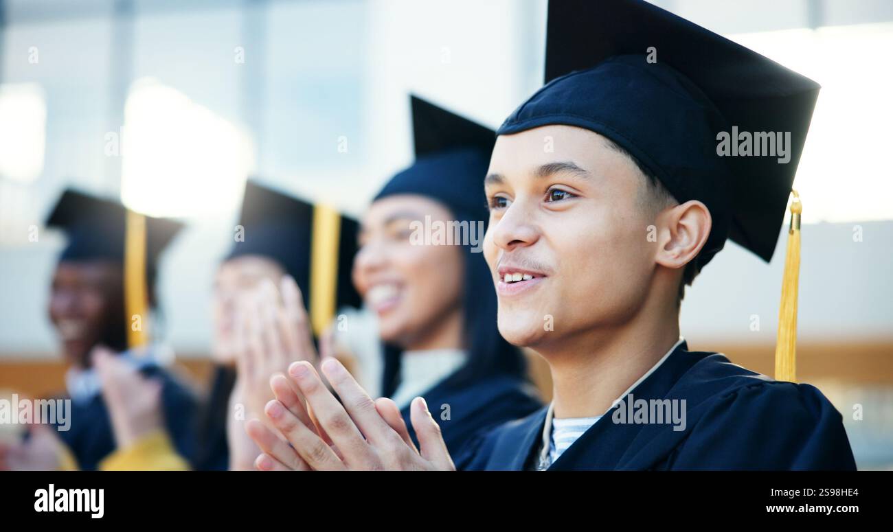 Smile, man and students with applause of graduation ceremony, class ...