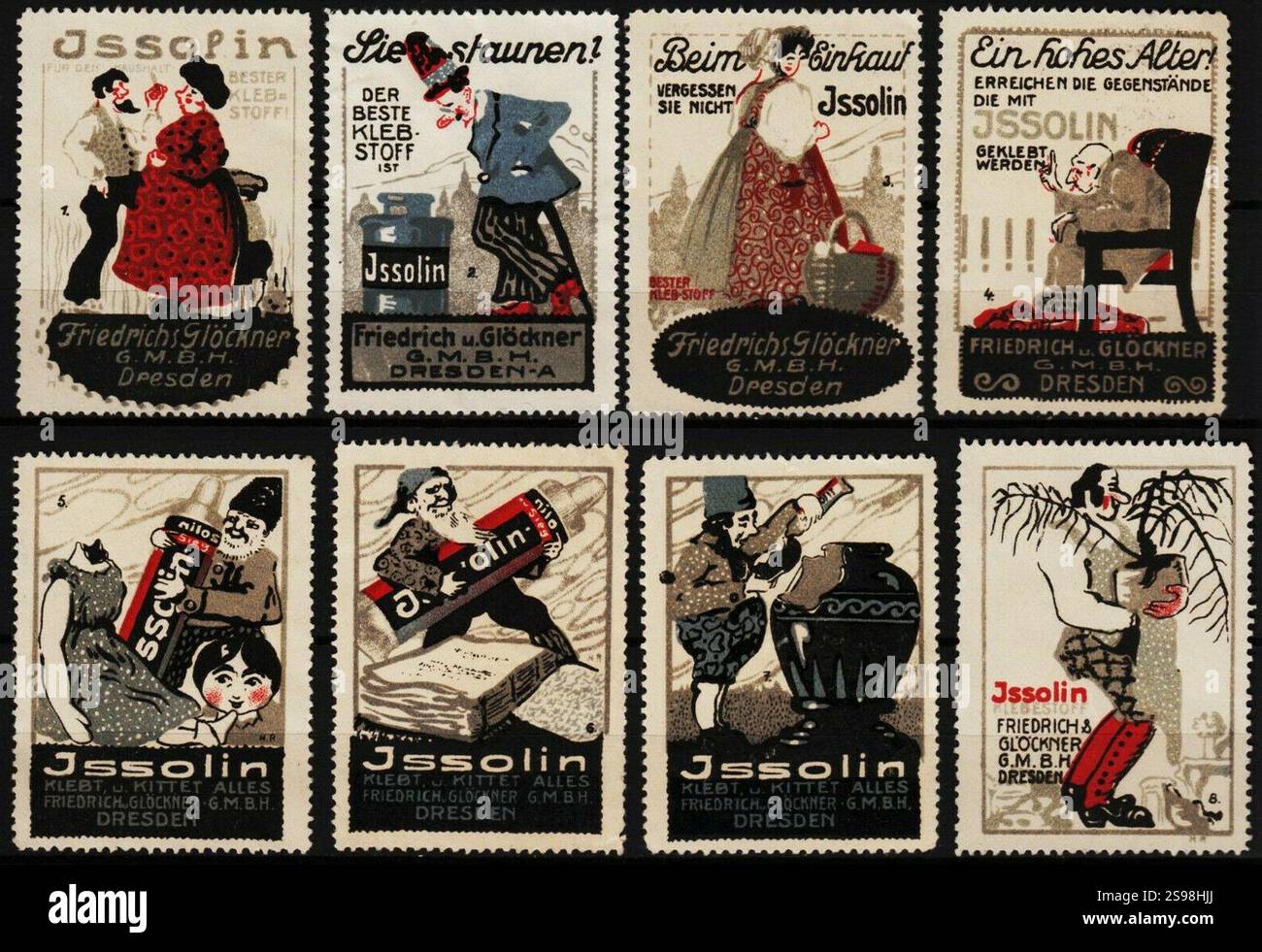Hans Rewald - Issolin Klebstoff. 8 Reklamemarken Stock Photo - Alamy