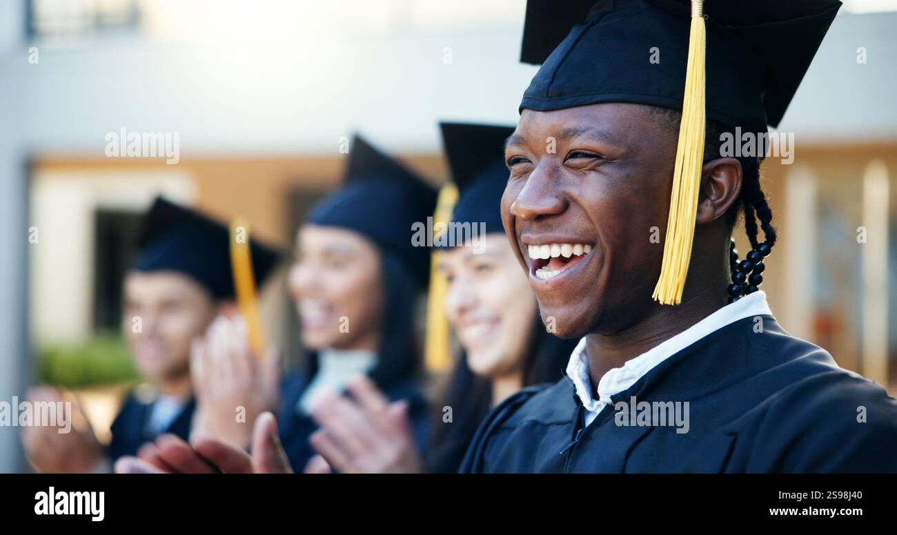 Happy, man and students with applause of graduation ceremony, class ...