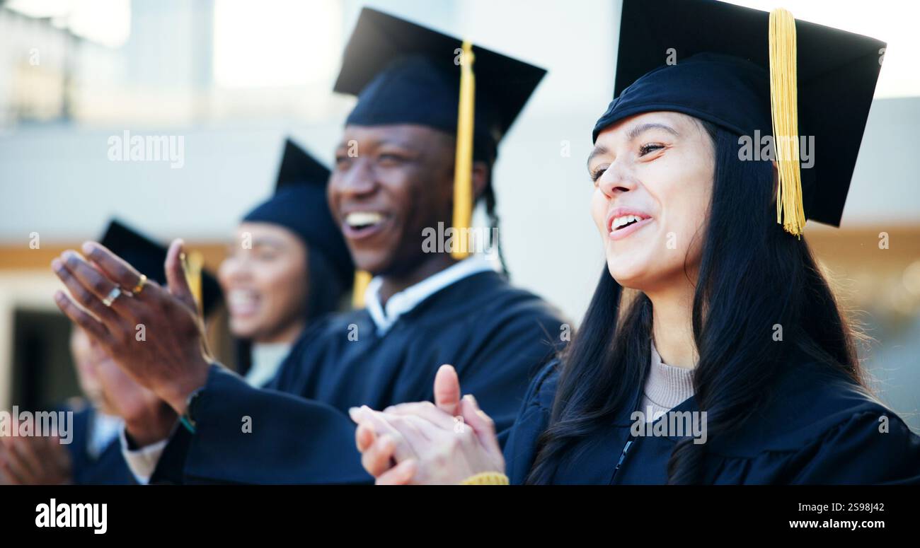 Smile, woman and students for applause of graduation ceremony, class ...