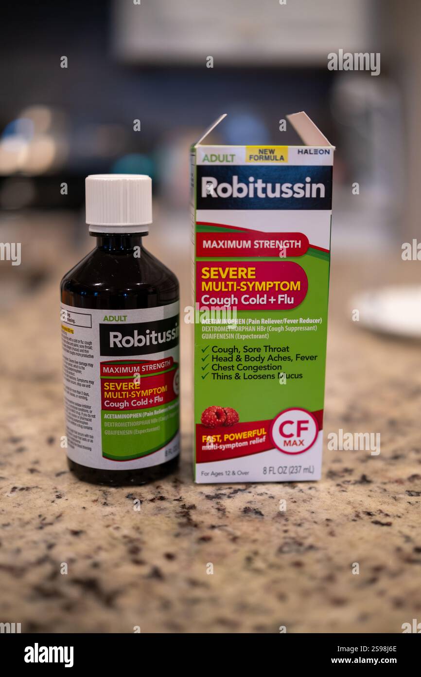 Cough medicine bottle and box Stock Photo - Alamy