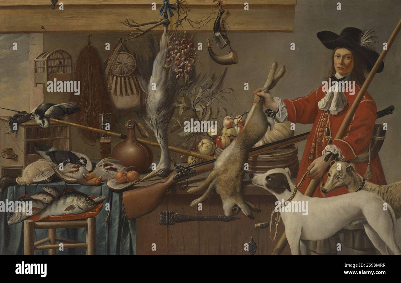 Harmen steenwyck a huntsman holding a dead hare with his two dogs ...