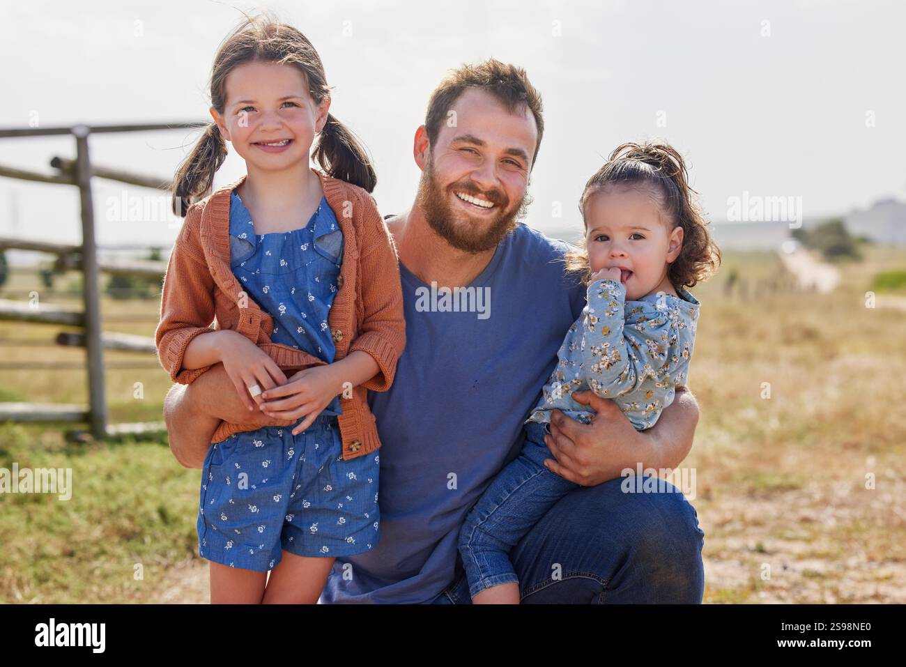 Agriculture, portrait and smile of family on farm for bonding ...