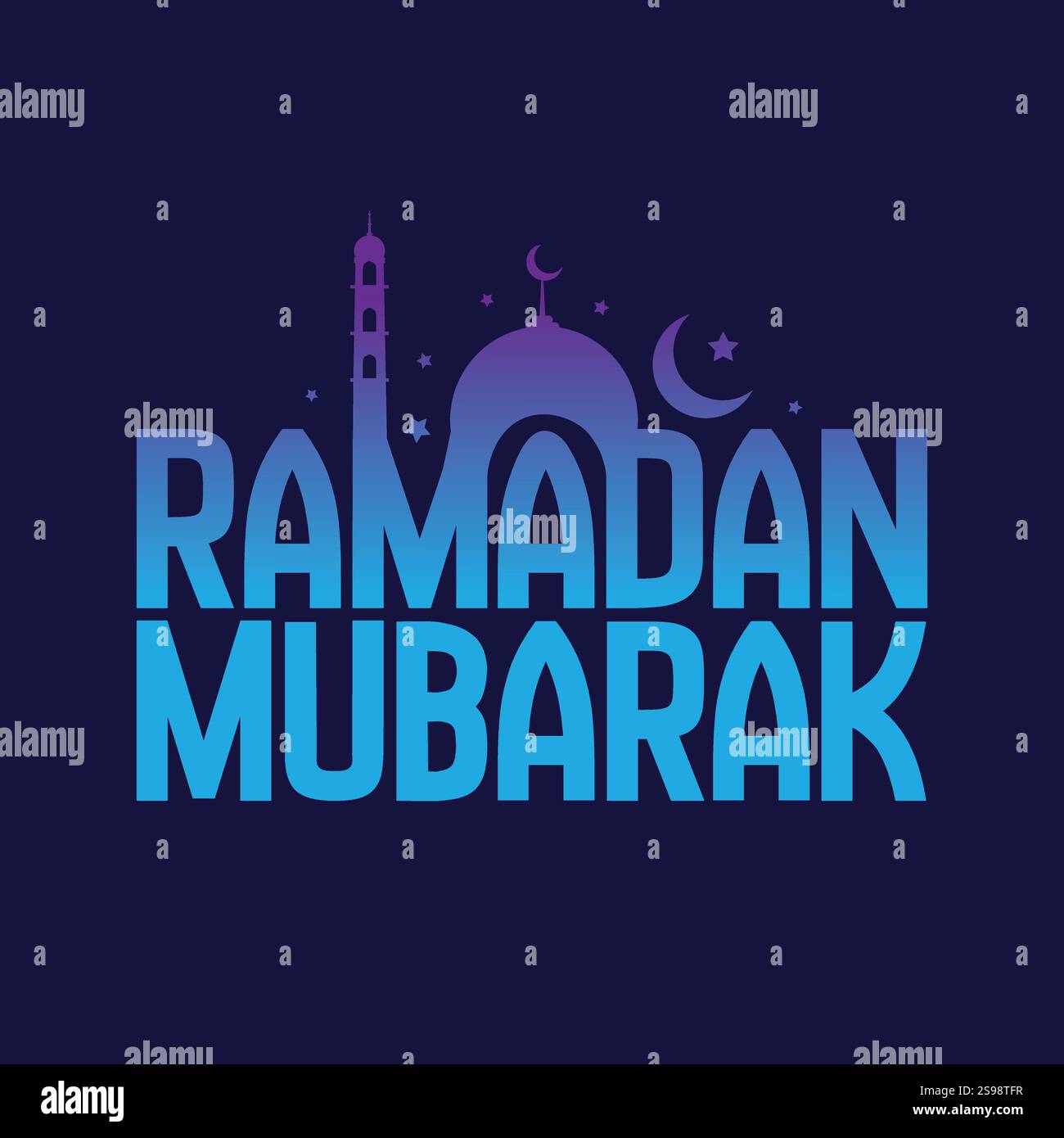 Ramadan Mubarak text with moon, stars and mosque vector illustration on ...