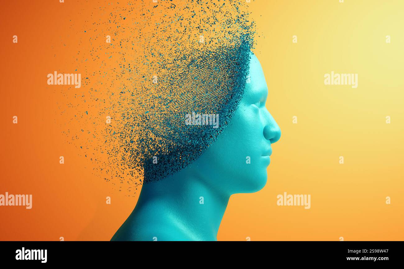 Abstract human head with dispersion effect. Overthinking and complexity ...