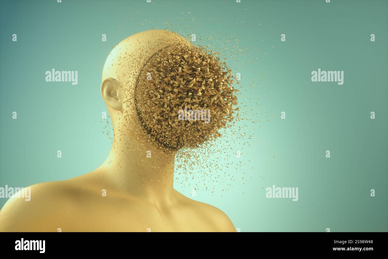 Abstract human head with dispersion effect on face. Overthinking and ...