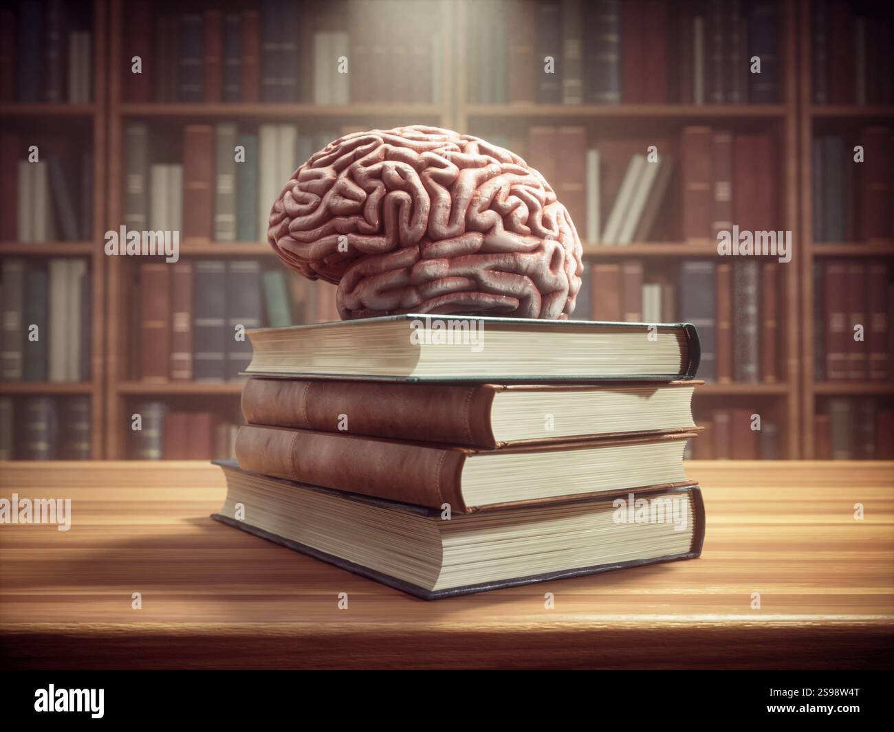 Books and a human brain on a desk. Self development and education ...