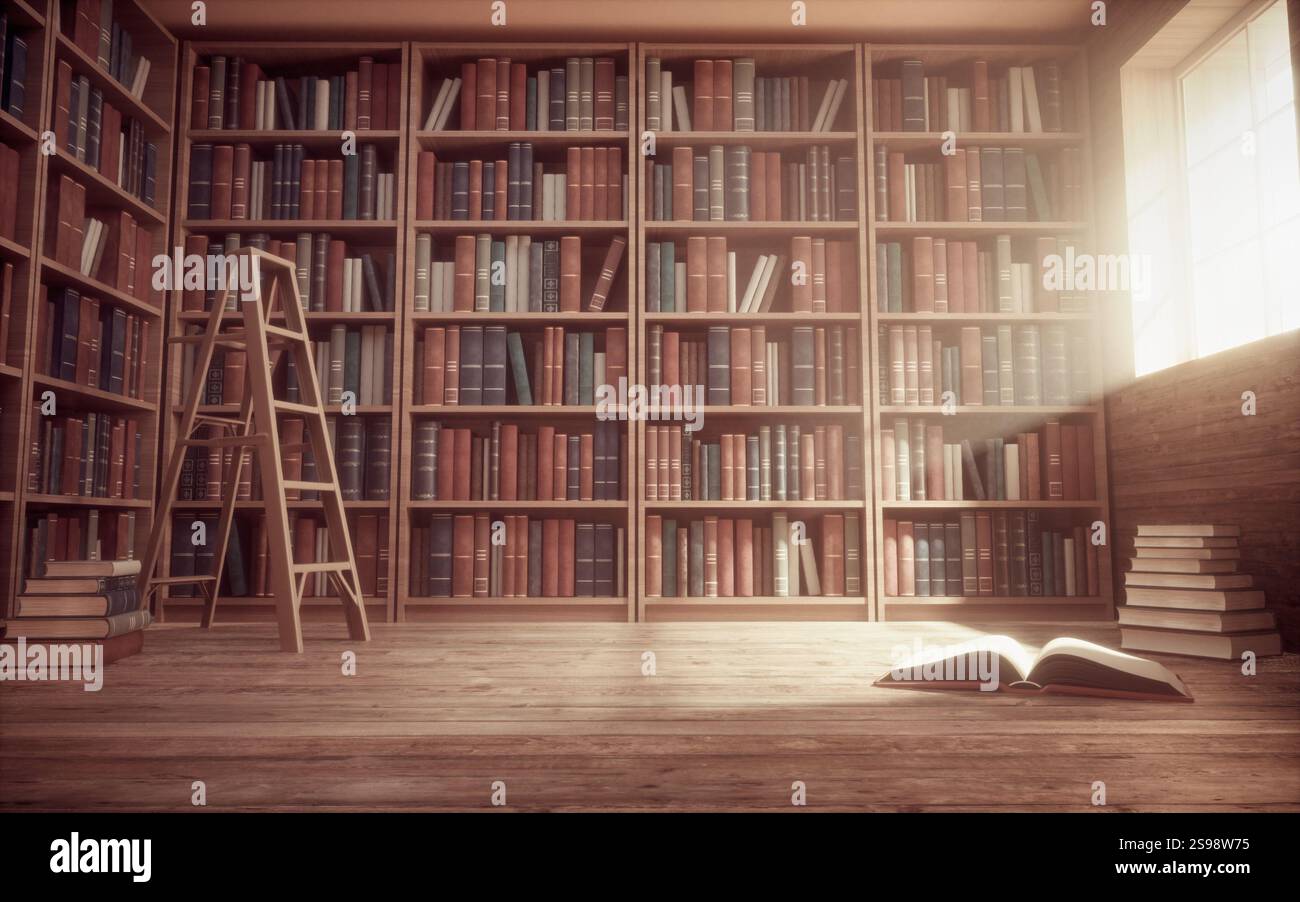 Bookshelves in the library. This is a 3d render illustration Stock ...