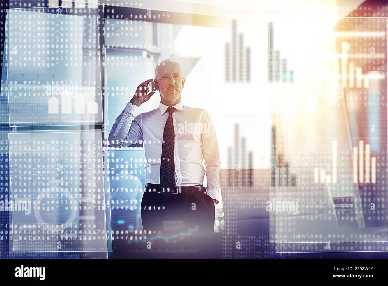 Business man, phone call and hologram for code, charts and contact for ...