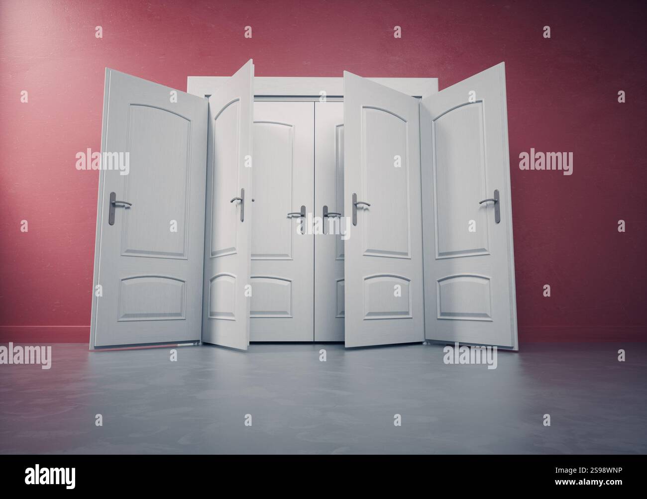Multiple doors opened and closed on a red wall. Choices and opportunity ...