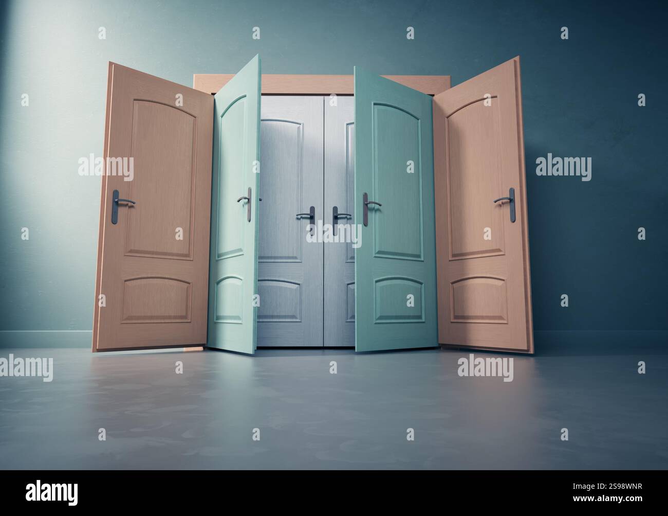Multiple doors opened and closed on a blue wall. Choices and ...