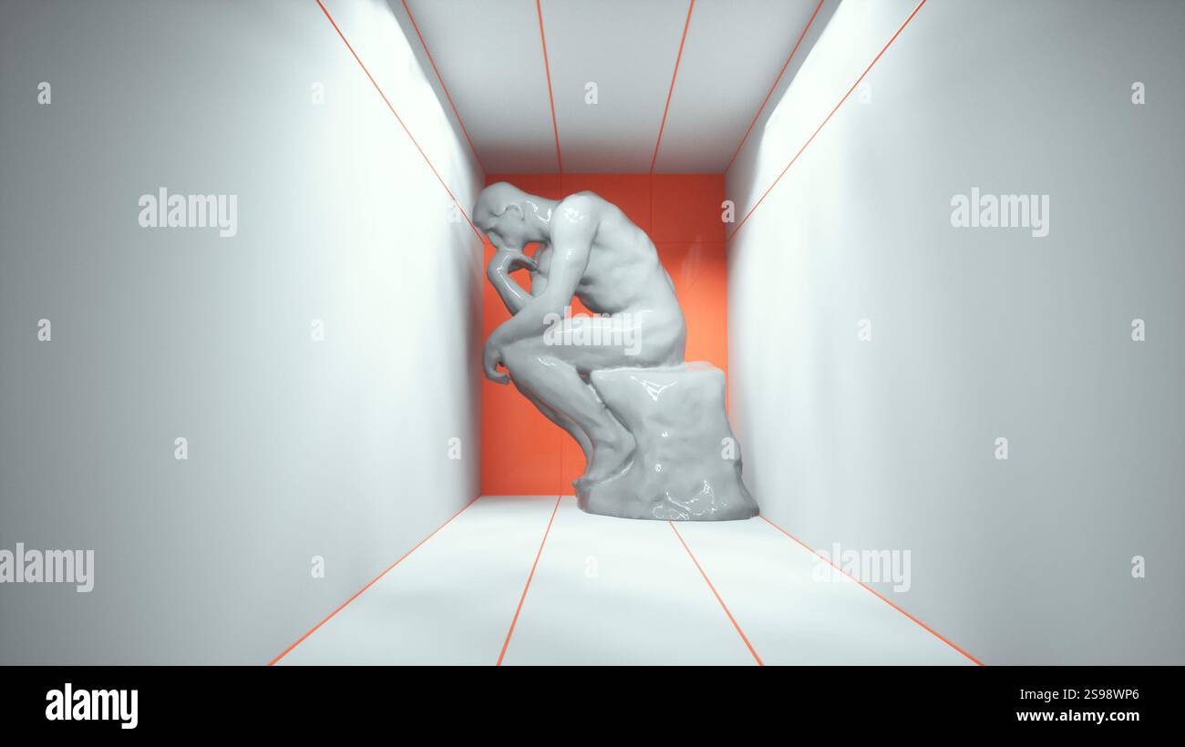 Statue of thoughtful man sitting down in a room. Confusion and ...
