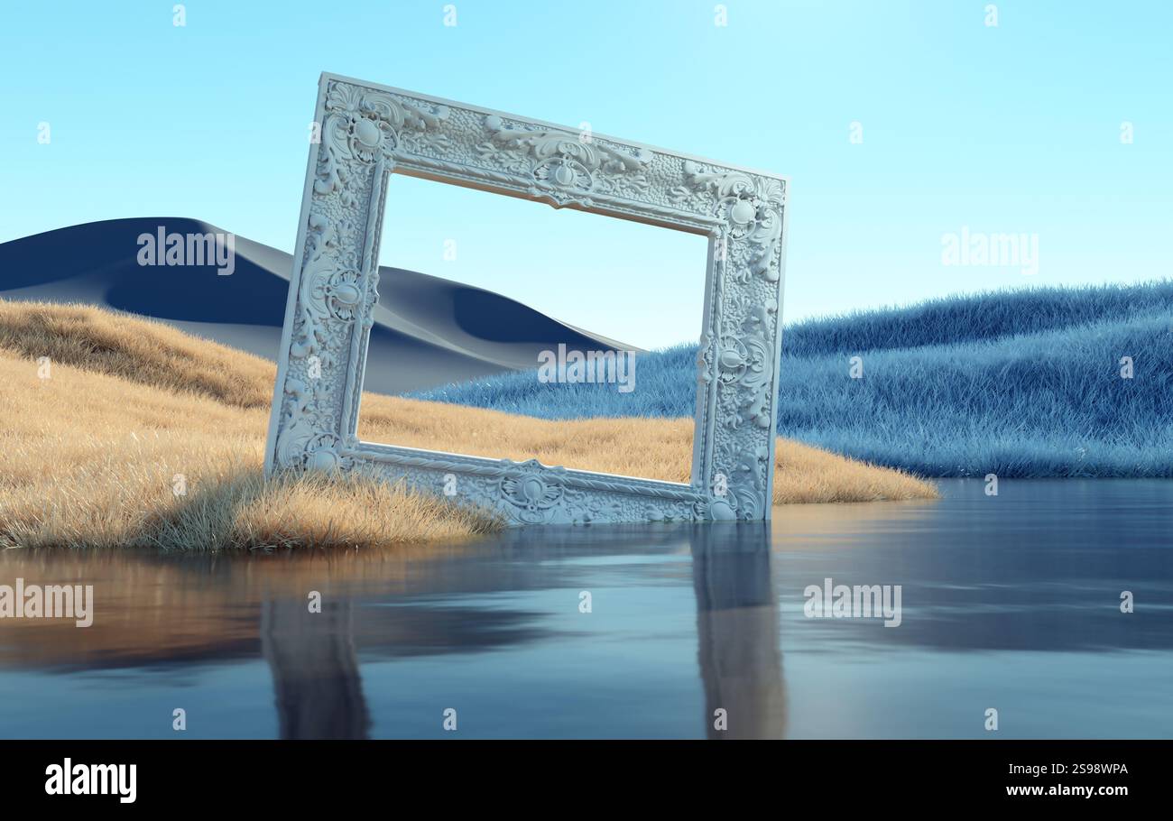 Surrealistic landscape and a frame. Perspective and vision concept ...