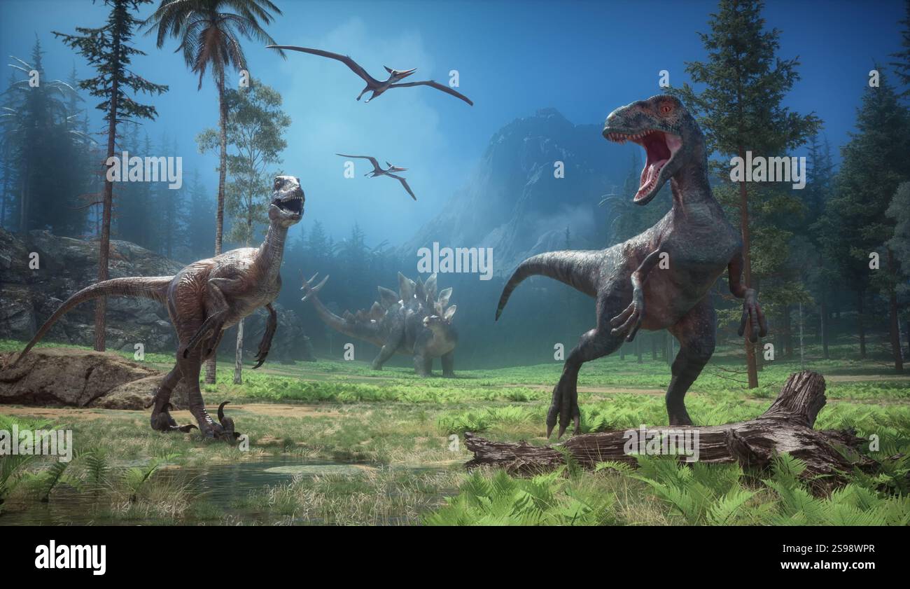Velociraptor and stegosaurus walking through the forest. This is a 3d ...