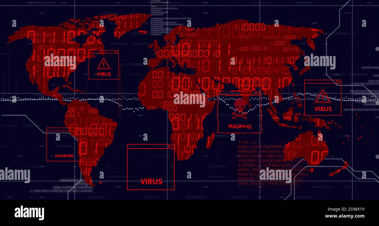 World map with virus and malware warnings, cybersecurity threat image ...