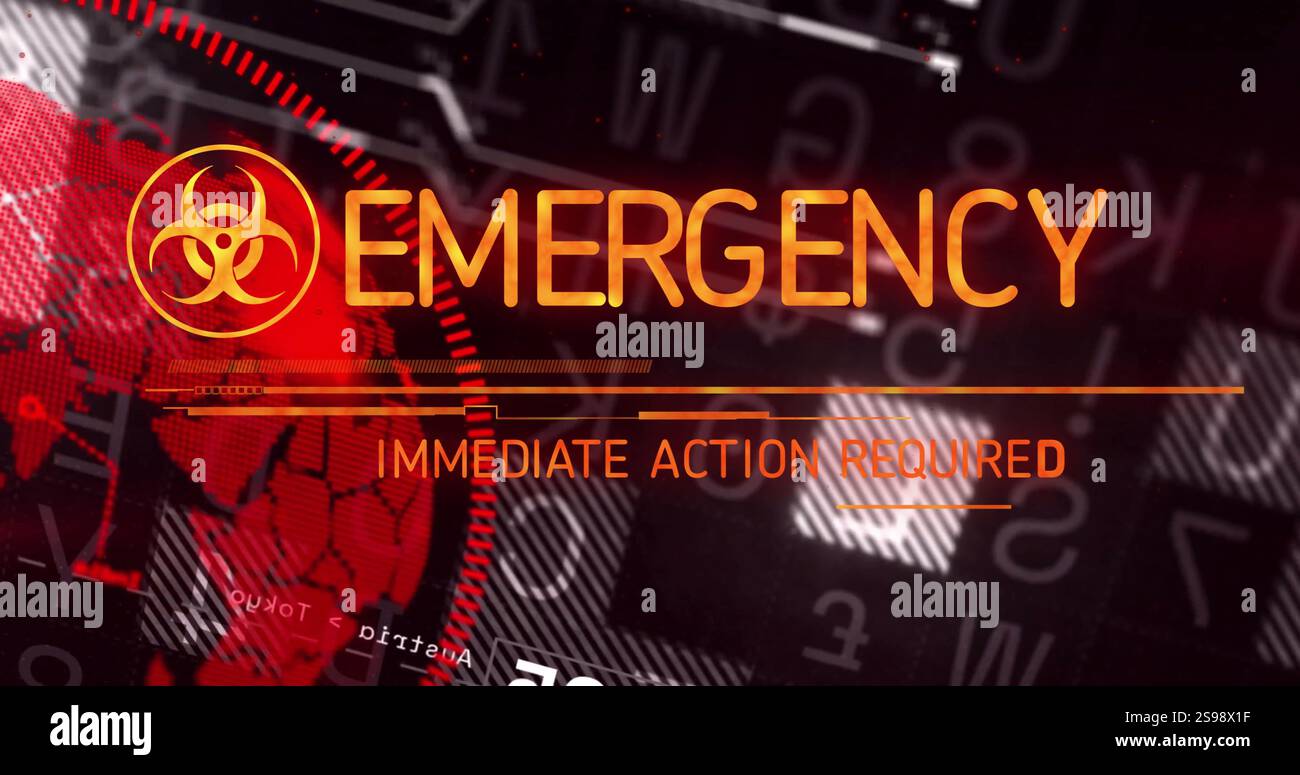 Image of biohazard icon and data processing over emergency text on ...