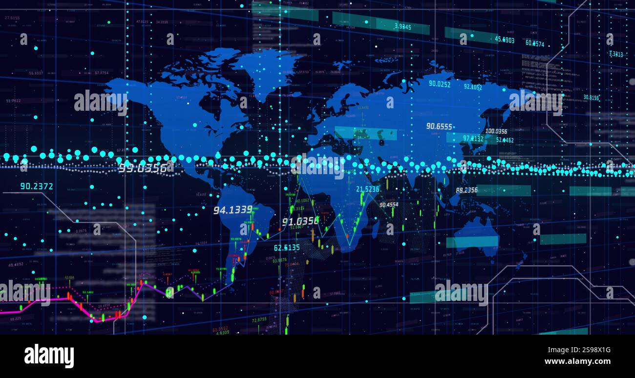 World map with financial data processing image over stock market graphs ...