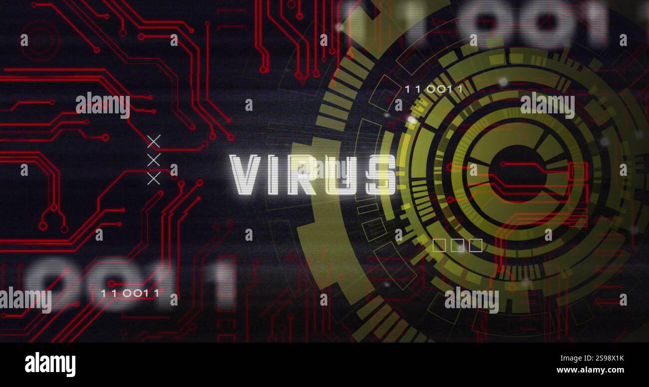 Image of scope scanning, data processing over virus text on black background Stock Photo - Alamy