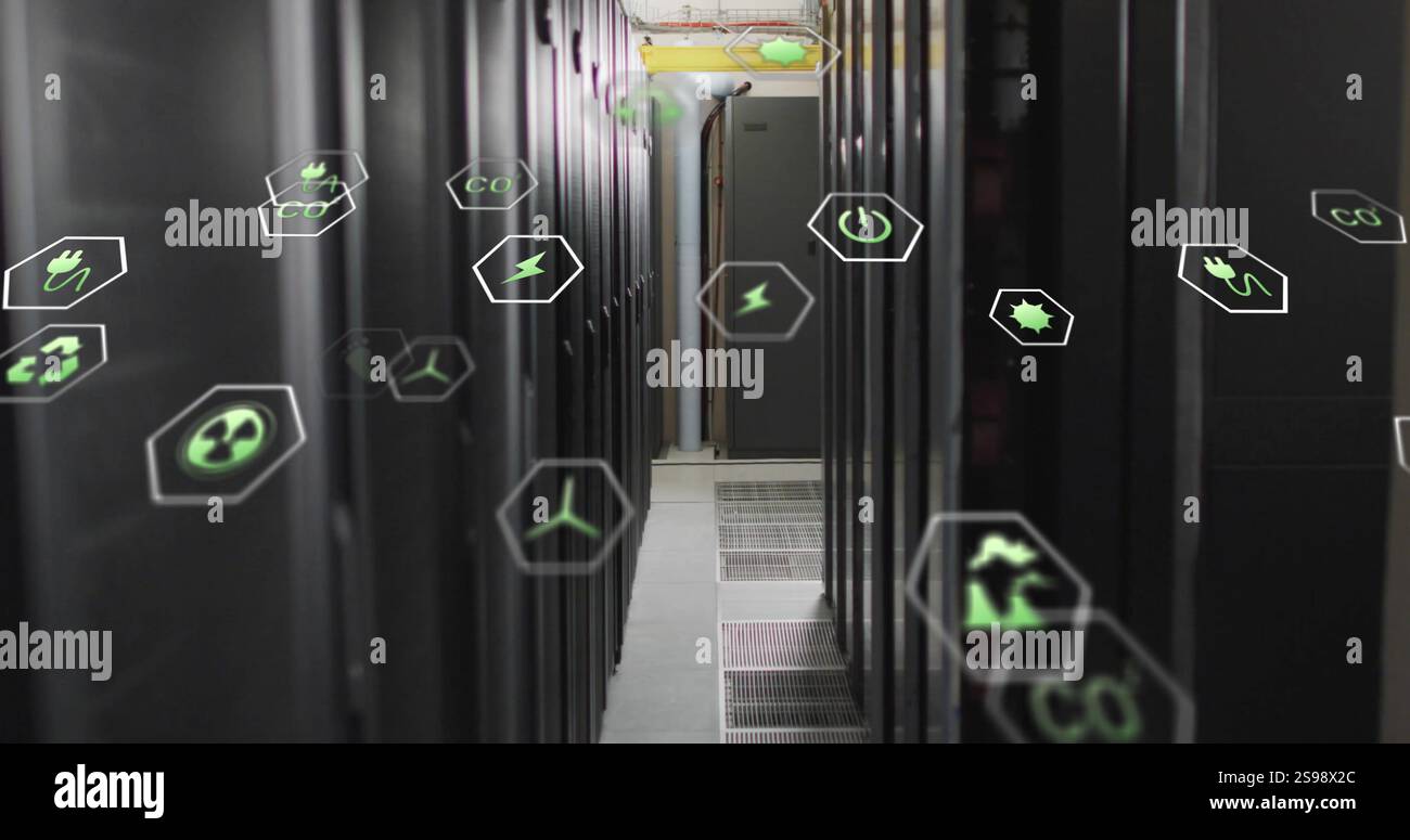 Image of eco icons and digital data processing over computer servers ...