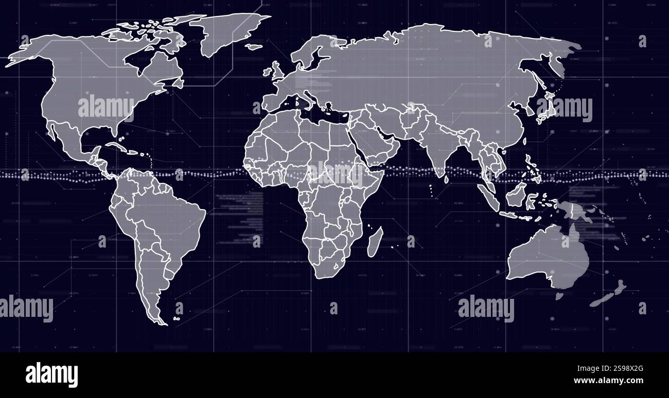 World map with hexagonal patterns and data points image Stock Photo - Alamy