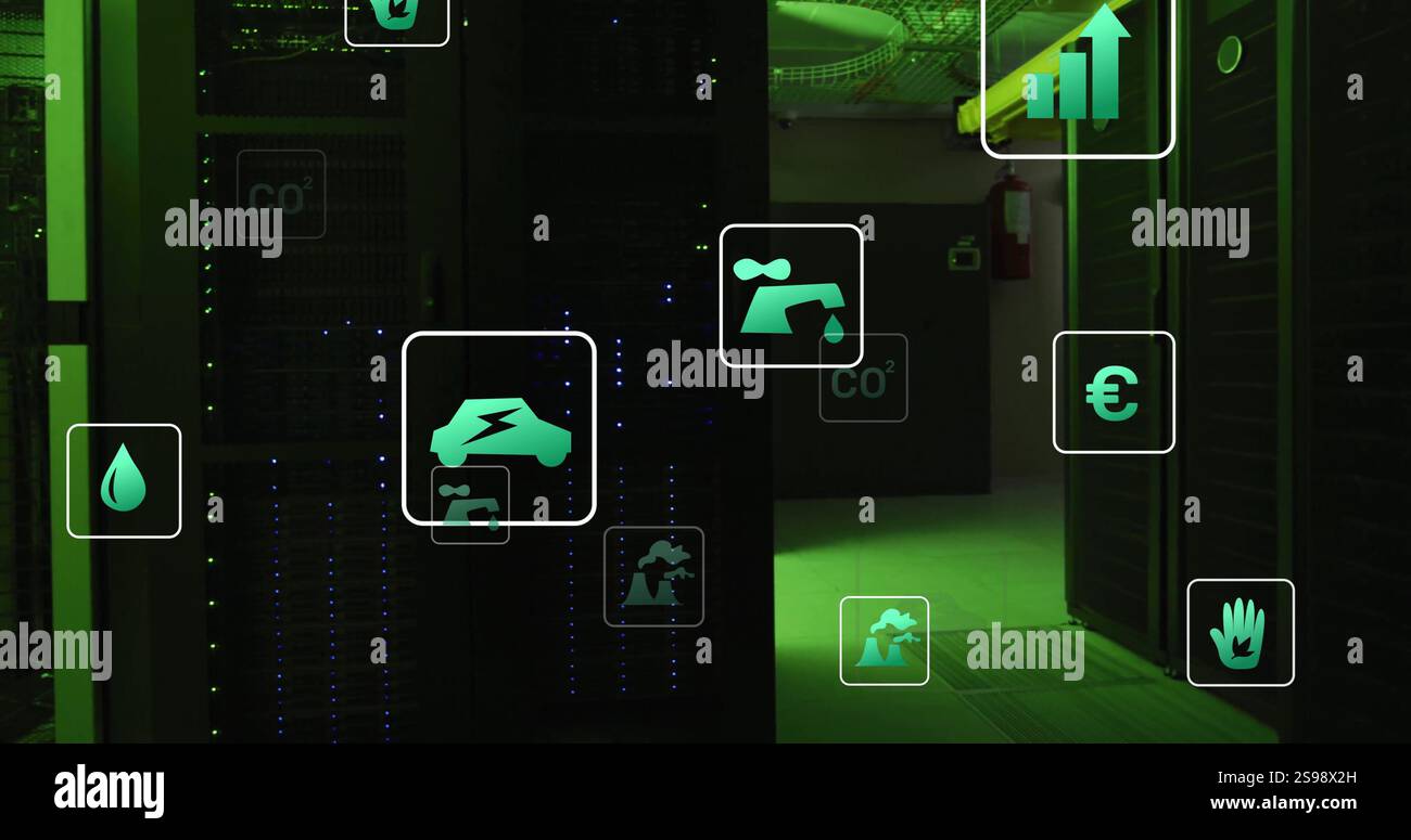 Image of eco icons and digital data processing over computer servers ...