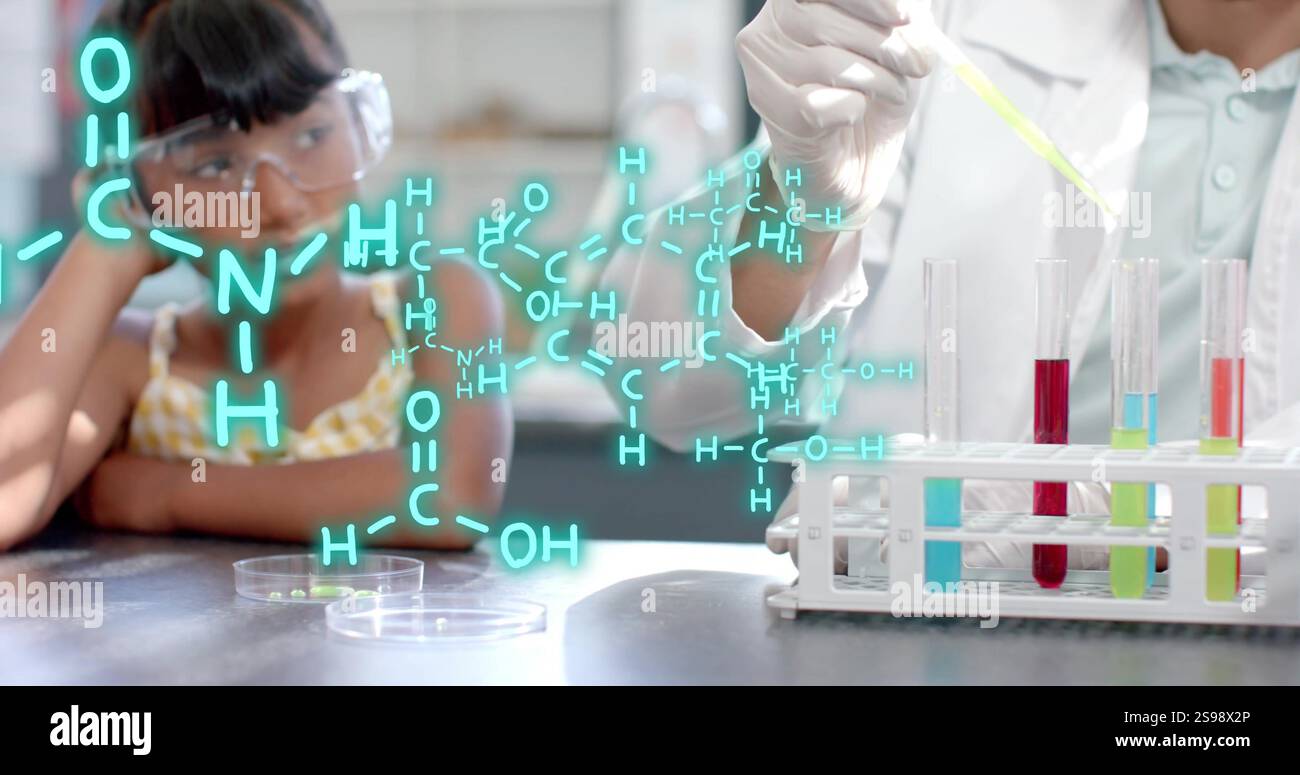 Chemical formula and molecular structure image over scientists working ...