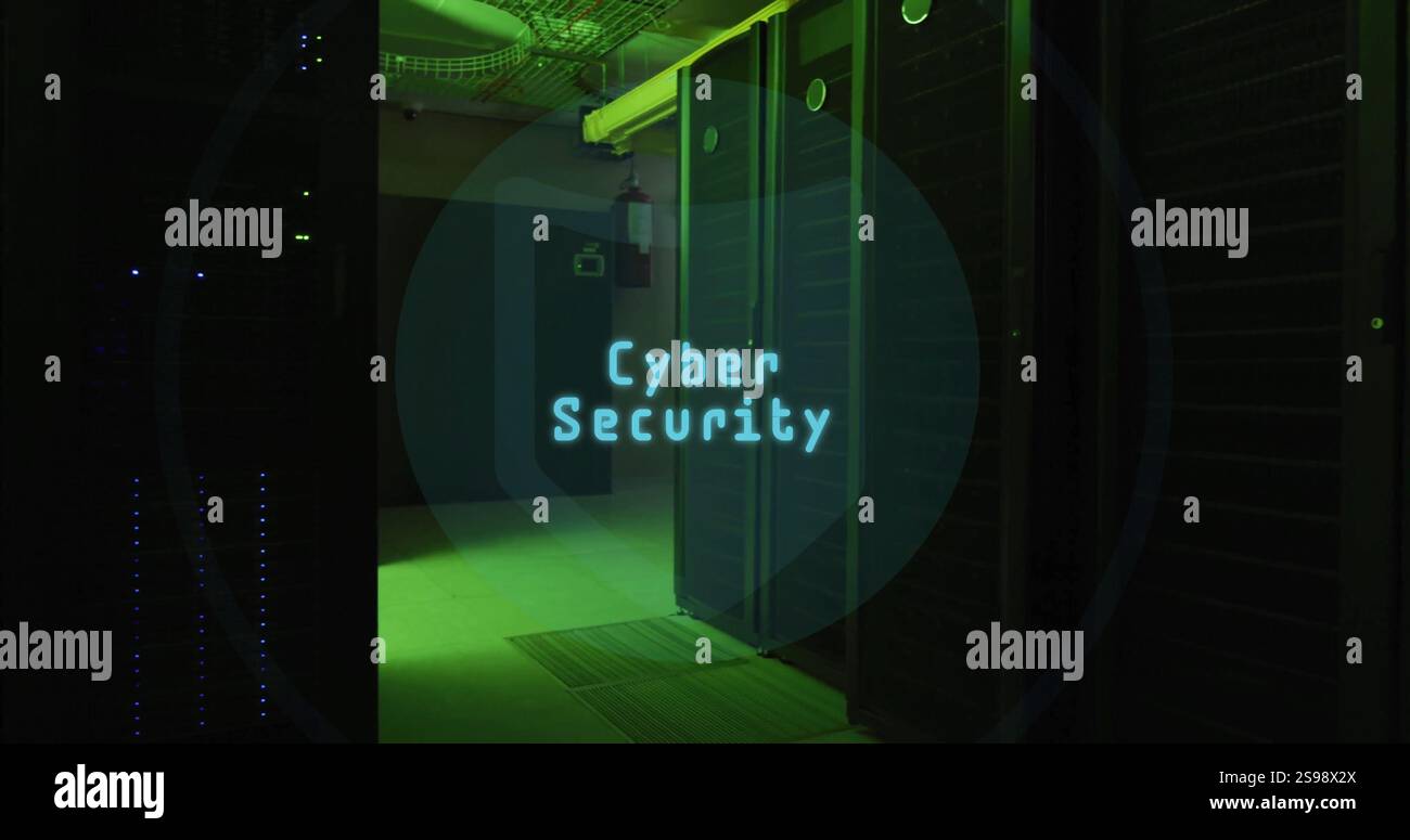 Image of shield icon and cyber security text over computer servers. global cyber security ...