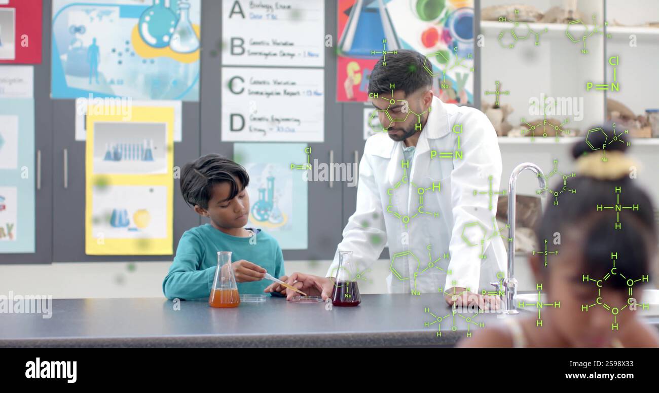 Chemistry teacher and student conducting experiment, chemical formulas over classroom scene ...