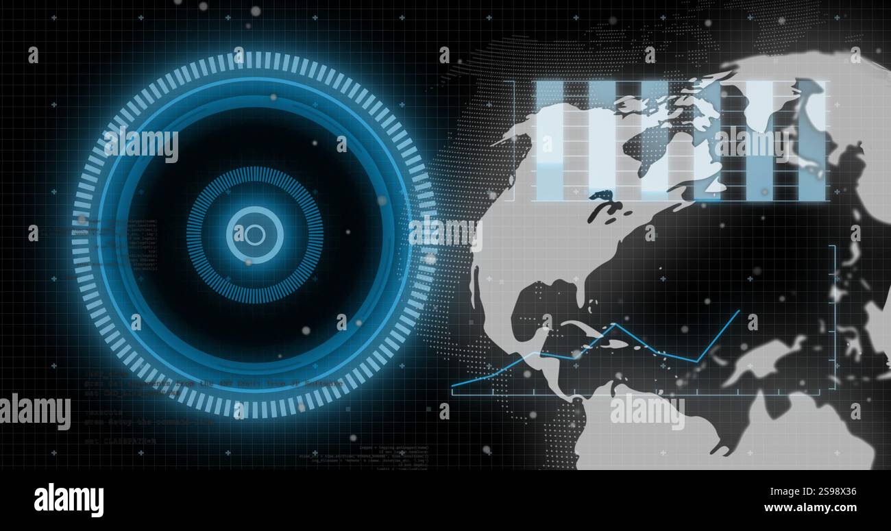 Image of globe and diagrams over scope scanning Stock Photo - Alamy