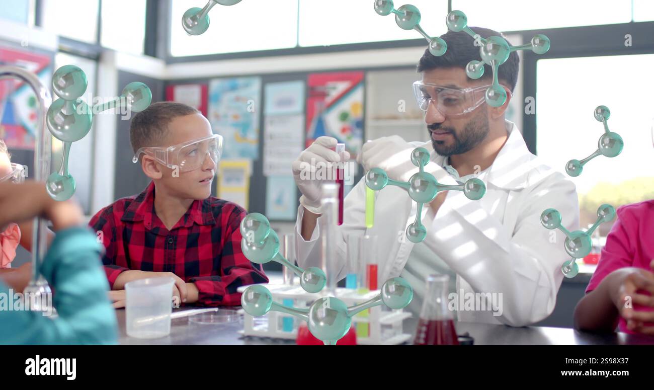 Scientist demonstrating experiment to children over molecular structure ...