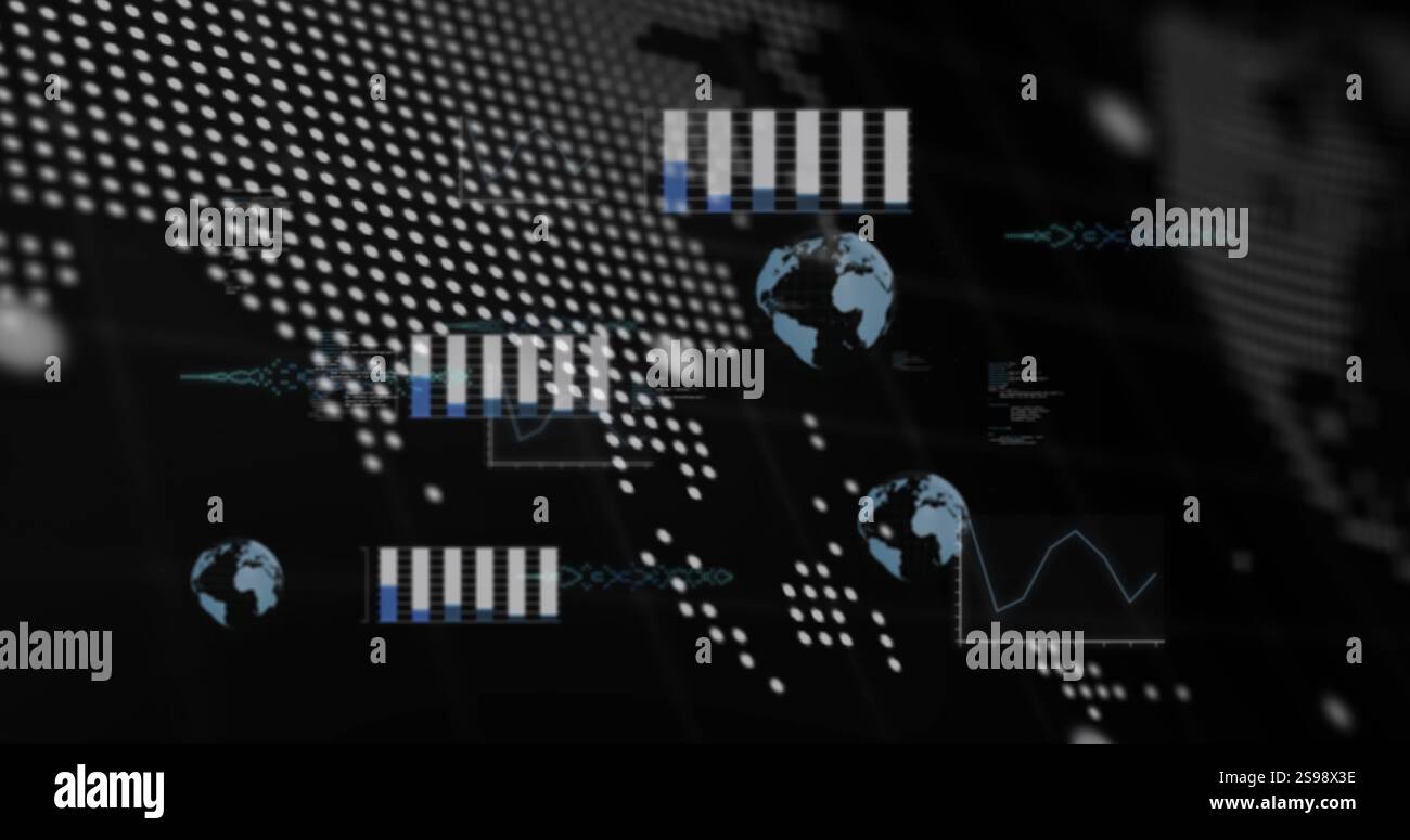 Image of data processing with globe and world map on black background ...