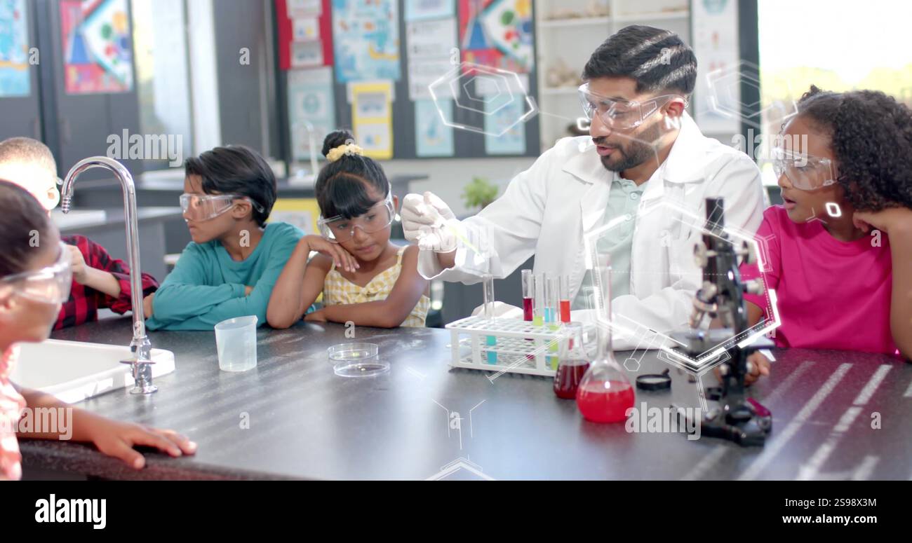 Scientist explaining chemical reactions to children over molecular ...