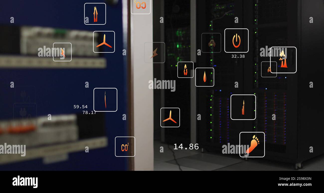 Image of eco icons and digital data processing over computer servers ...
