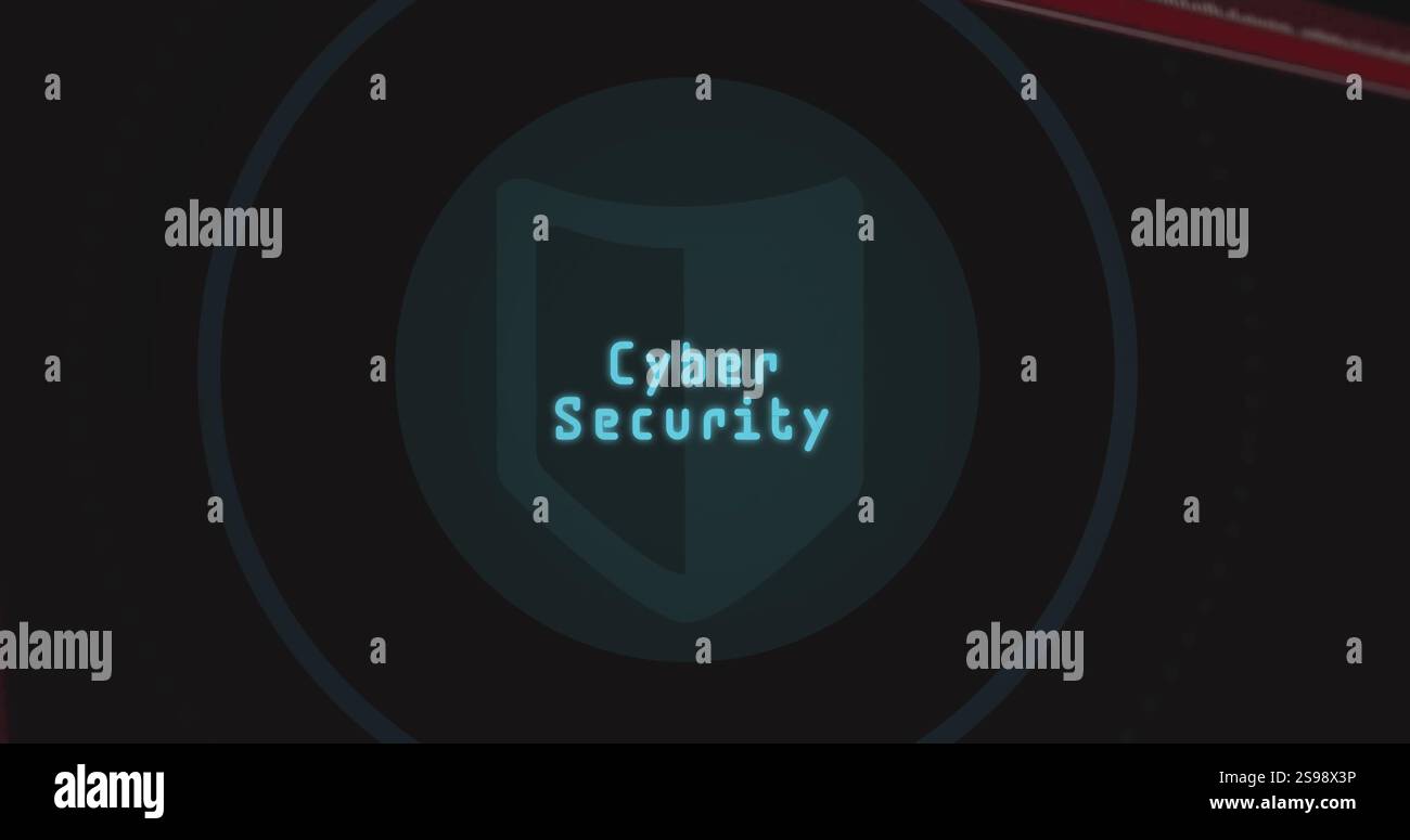 Image of shield icon and cyber security text over black background ...