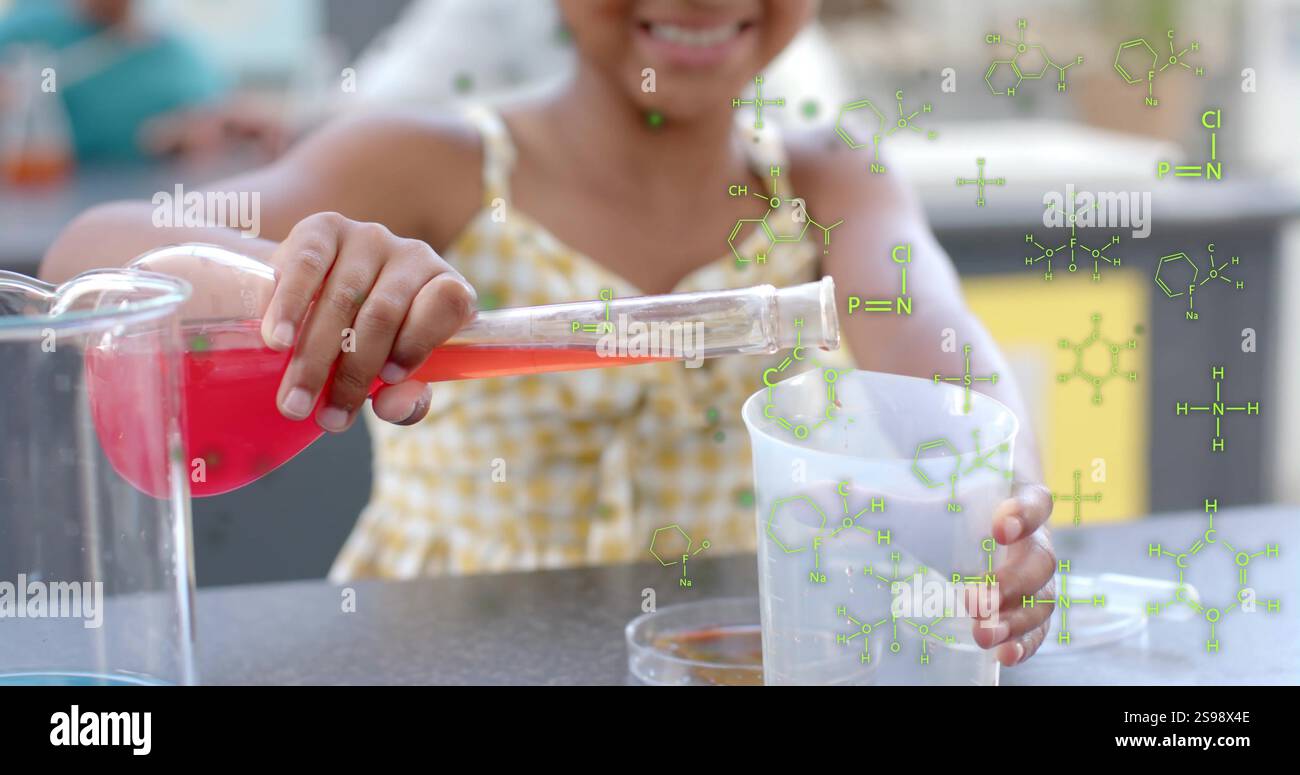 Pouring red liquid into beaker, child conducting chemistry experiment, chemical formulas image ...