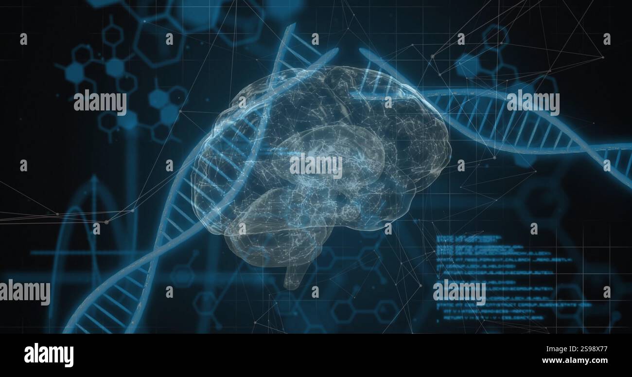 Image of dna strands and brain over data processing. Technology ...