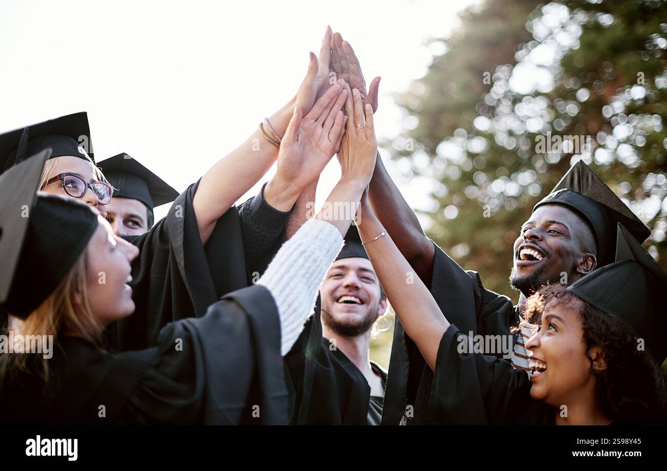 Happy students, team or graduation with high five for achievement ...