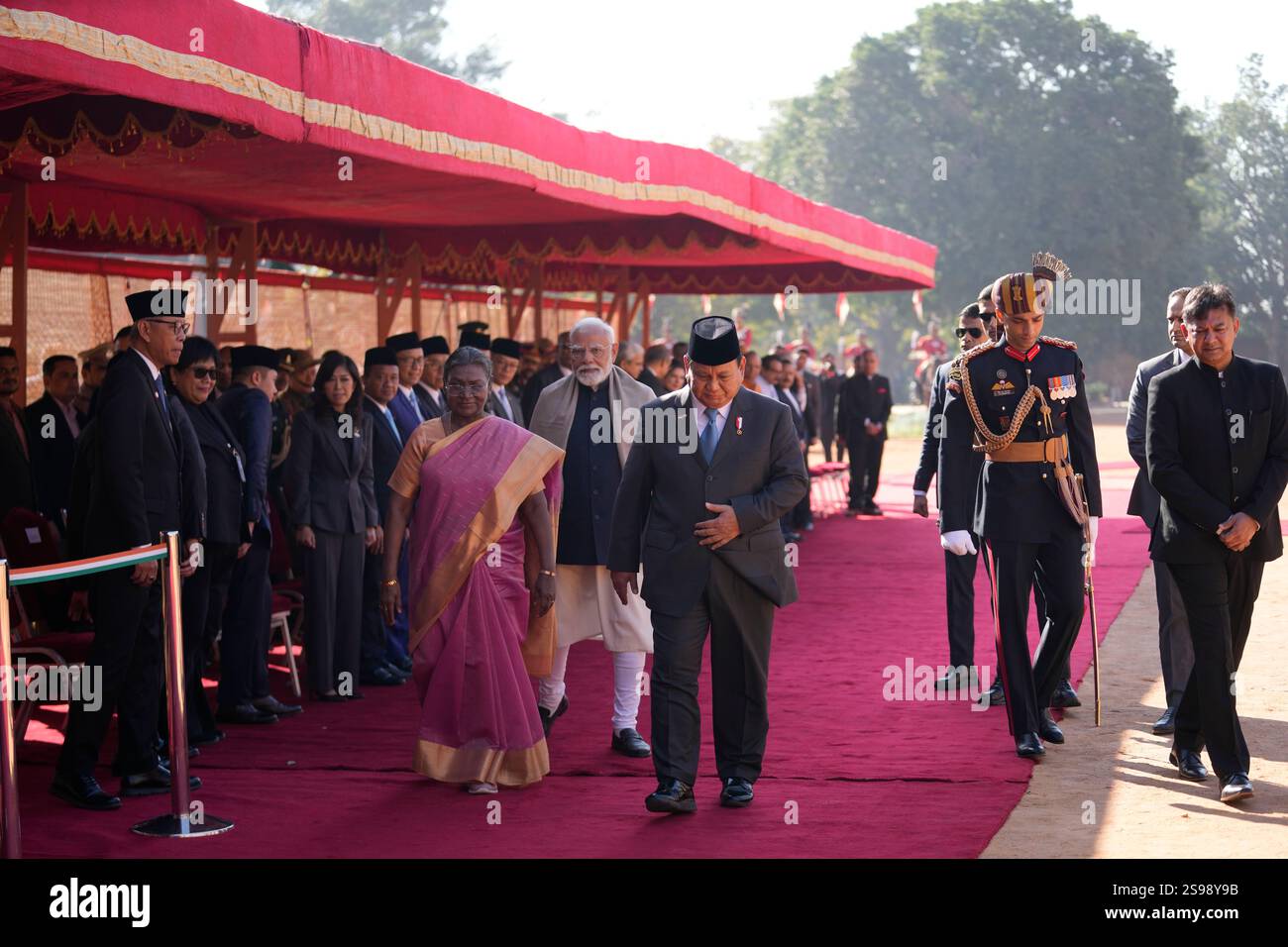 President of Indonesia Prabowo Subianto right, Indian President Droupadi Murmu and Indian Prime ...
