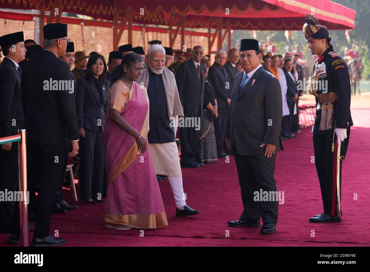 President of Indonesia Prabowo Subianto right, Indian President Droupadi Murmu and Indian Prime ...