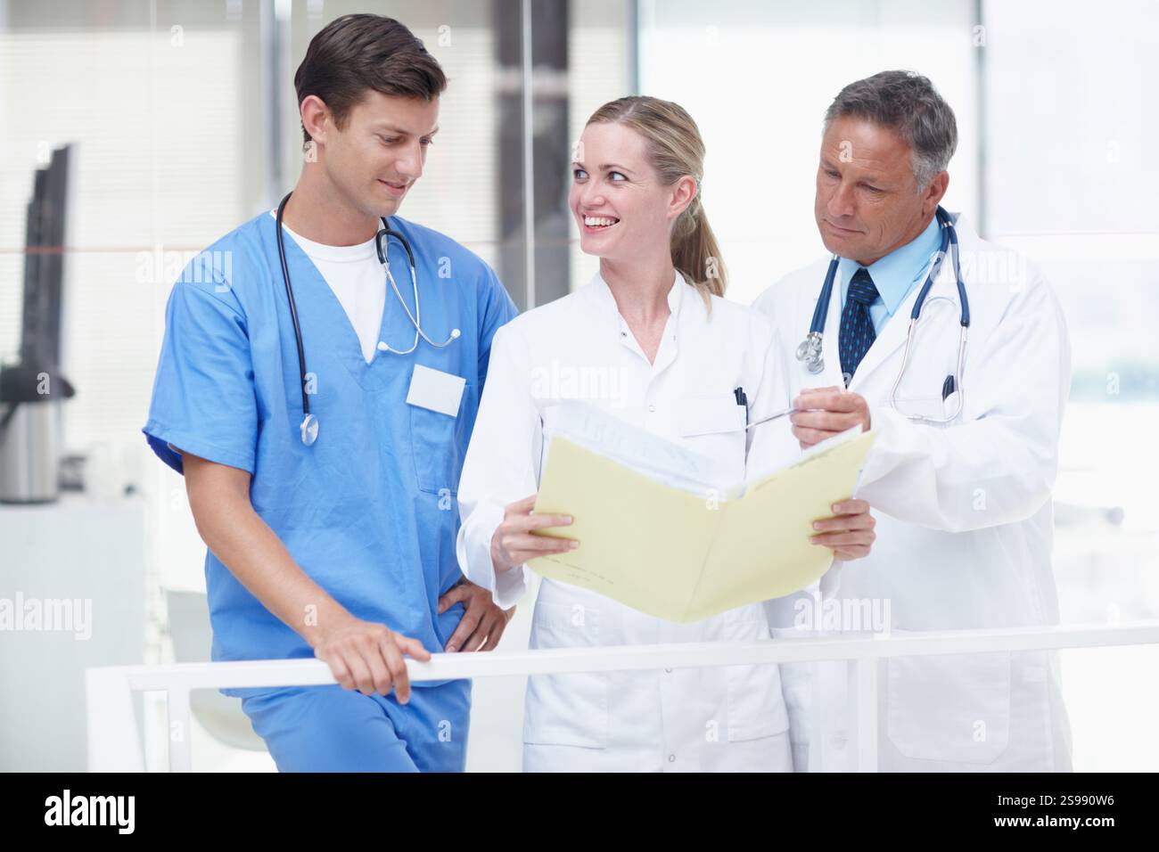 Doctors, healthcare and files with people in hospital for patient treatment plan, consulting and ...