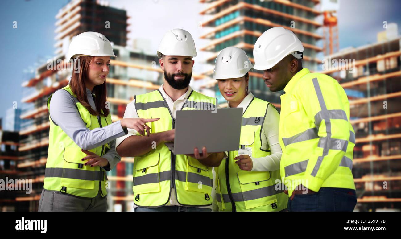 Construction Building Structure Design. Team Meeting With Laptop Stock ...