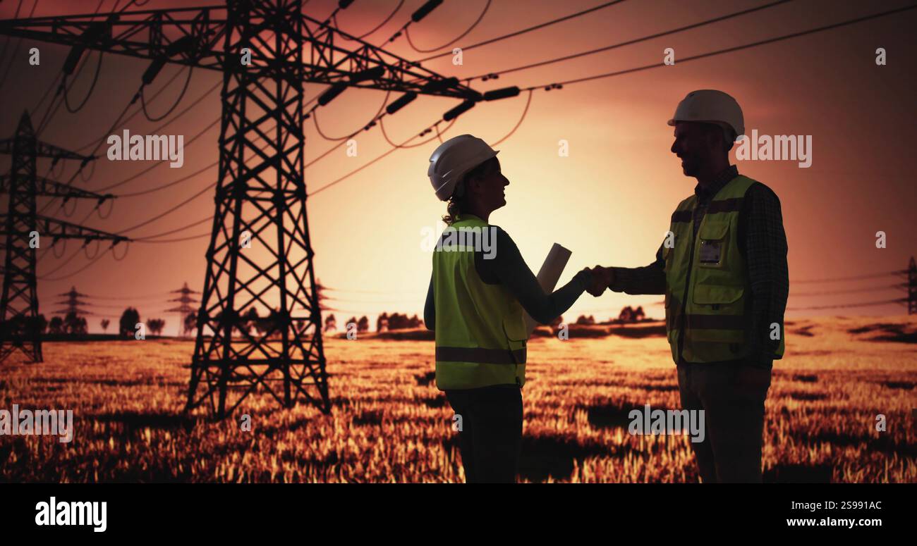 Electrician Workers Shaking Hands Near High Voltage Circuit Line Tower ...