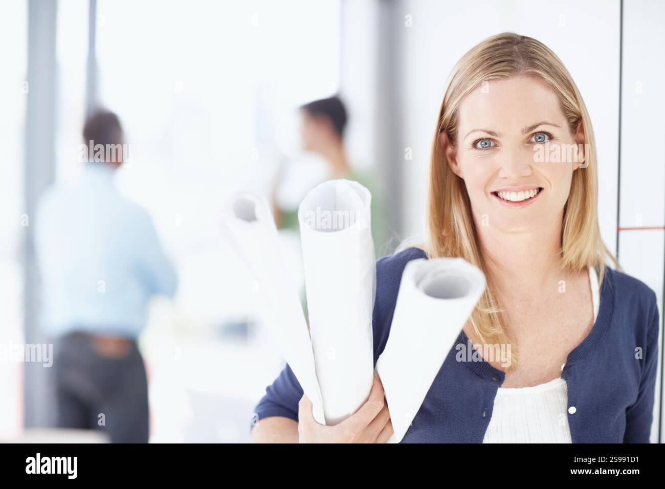 Architectural designer, portrait or happy woman with blueprints for ...